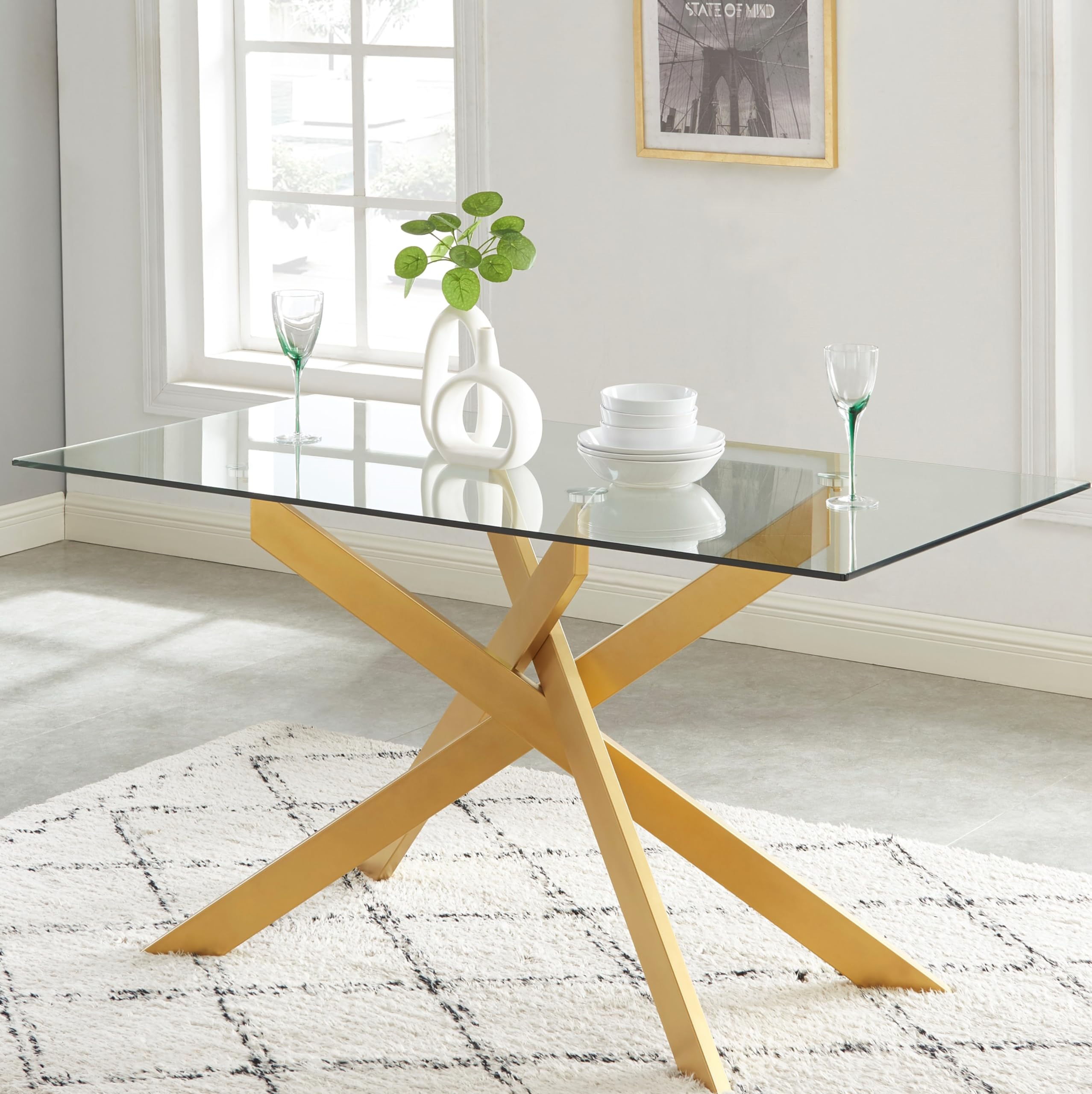Edwin's Choice 58.5ā Rectangle Glass Dining Table, Tempered Glass Table Top and Metal Tubular Legs, Modern Style Table for Home, Kitchen, Dining Room 58.5āLx29āWx30āH, Gold (Table Only)