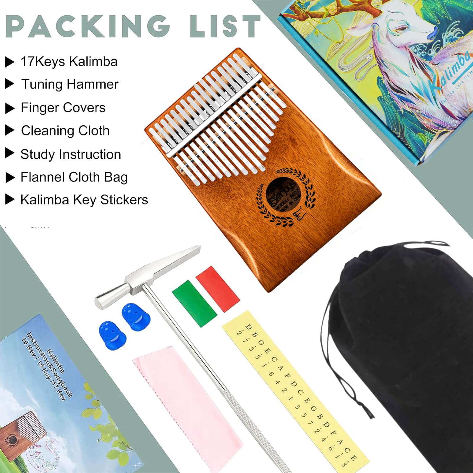 Everjoys Kalimba Thumb Piano 17 Keys, Professional Musical Instrument Finger Piano Marimbas with Portable Soft Cloth Bag, Fast to Learn Songbook, Tuning Hammer, All in One Kit