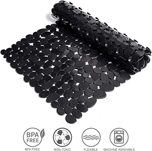 TreeBud Pebble Bathtub Mat, 35 x 16 Inches Non Slip Bath Mat for Shower Tub with Drain Holes and Suction Cups, Machine Washable Bathroom Mats (Black)