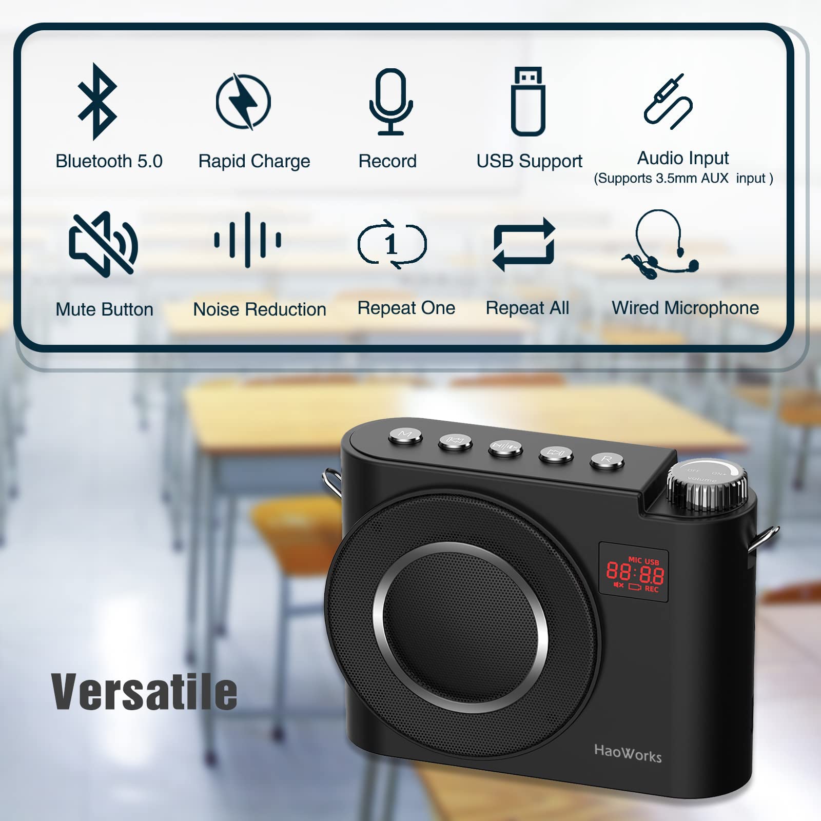 HaoWorks Voice Amplifier for Teachers - 20W Portable Voice Amplifier Wired Headset Mic and Speaker System, Personal Microphone for Classroom, Tour Guide, Instructor, Public Speaking