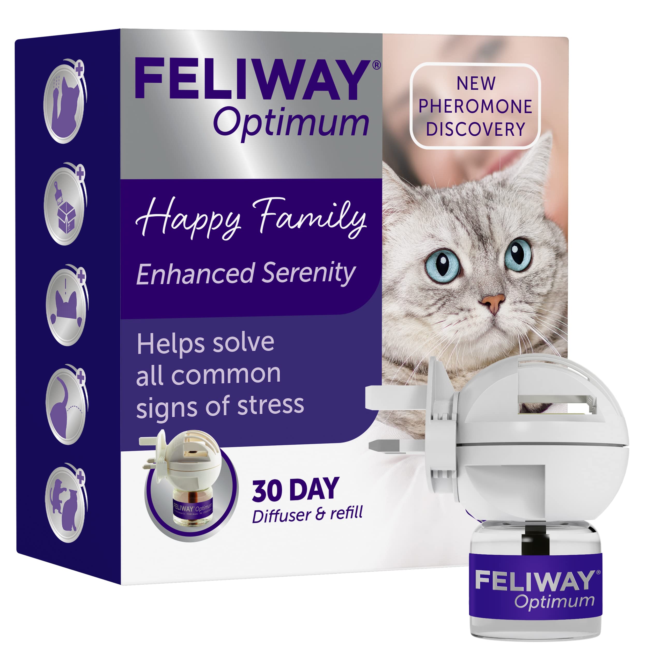 FELIWAY Optimum Diffuser & 30 Day Refill, The Best Solution to Ease cat Anxiety, cat Conflict and Stress in The Home, 48 ml (Pack of 1)
