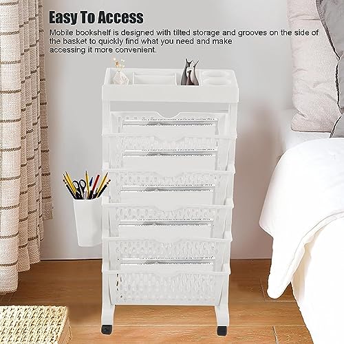 FBITE Movable Bookshelf Cart, Rolling Utility Cart 6 Tier Large Capacity Thickened Multifunctional Rolling Book Rack Storage Trolley Rolling Bookshelf with Wheel for Deskside Living
