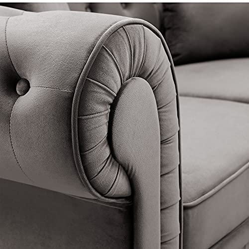 OYN 63" Chesterfield Sofa & Couch Deep Seat Button Tufted Velvet Loveseat Upholstered 2 Seater Sofa Classic Roll Arm, 2 Pillows Included, Grey
