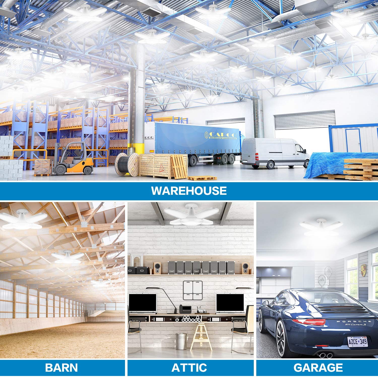 FanNicoo LED Garage Lights 500W Equivalent Deformable Ceiling Bulb 45W 4500LM 6500K Cool Daylight White,E26/E27 Medium Base Led Shop Light for Garage Basement Shop Workshop Warehouses Barn