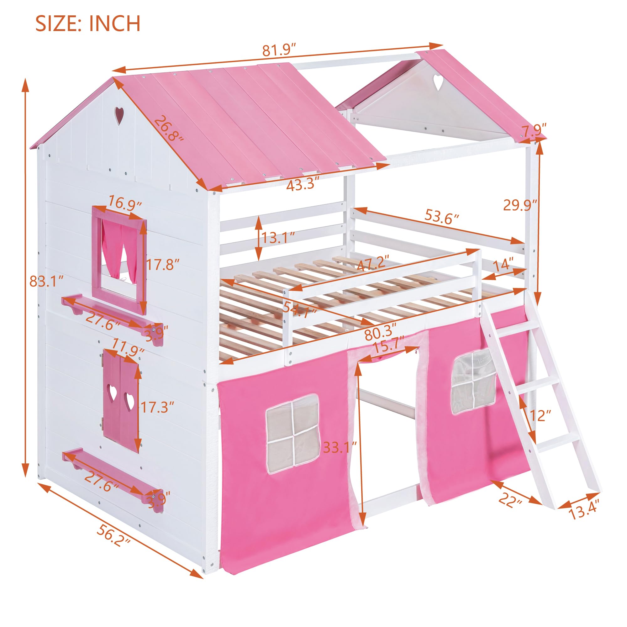 SOFTSEA Full Over Full Bunk Bed Frame, Floor Low Bunk Bed with Tent and Windows Sills, Wood Bunk Bed Frame with Slide Ladder and Guardrails, Full Size House Shaped Bunk Bed for Kids, Pink