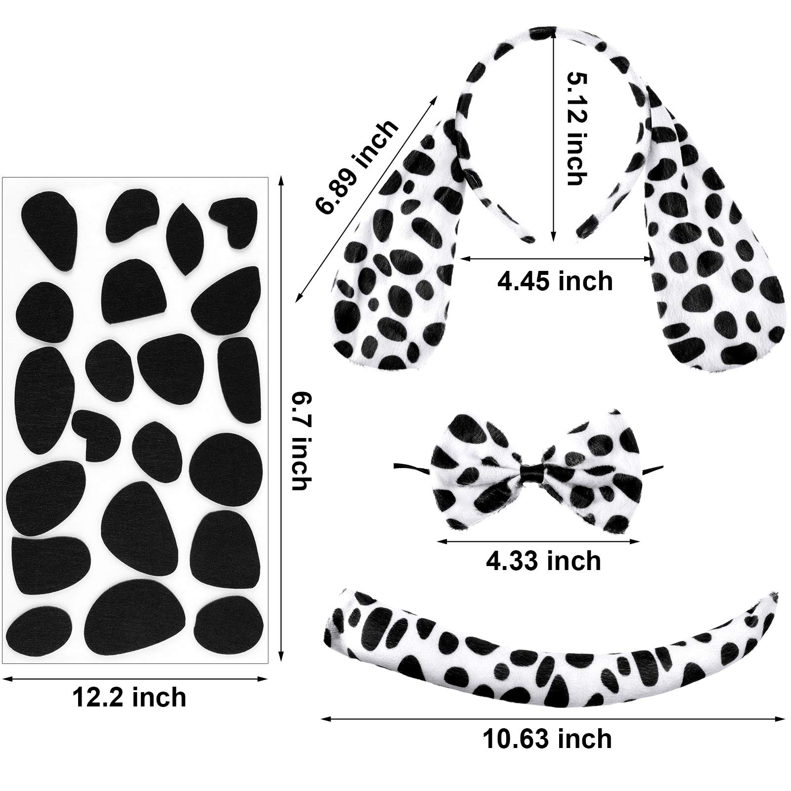 WILLBOND Dalmatian Dog Ear Headband, Bow Tie, Tail Set with 4 Sheets Adhesive Felt Circles Felt Pads for Halloween DIY Projects Costume Party Decorations Supplies