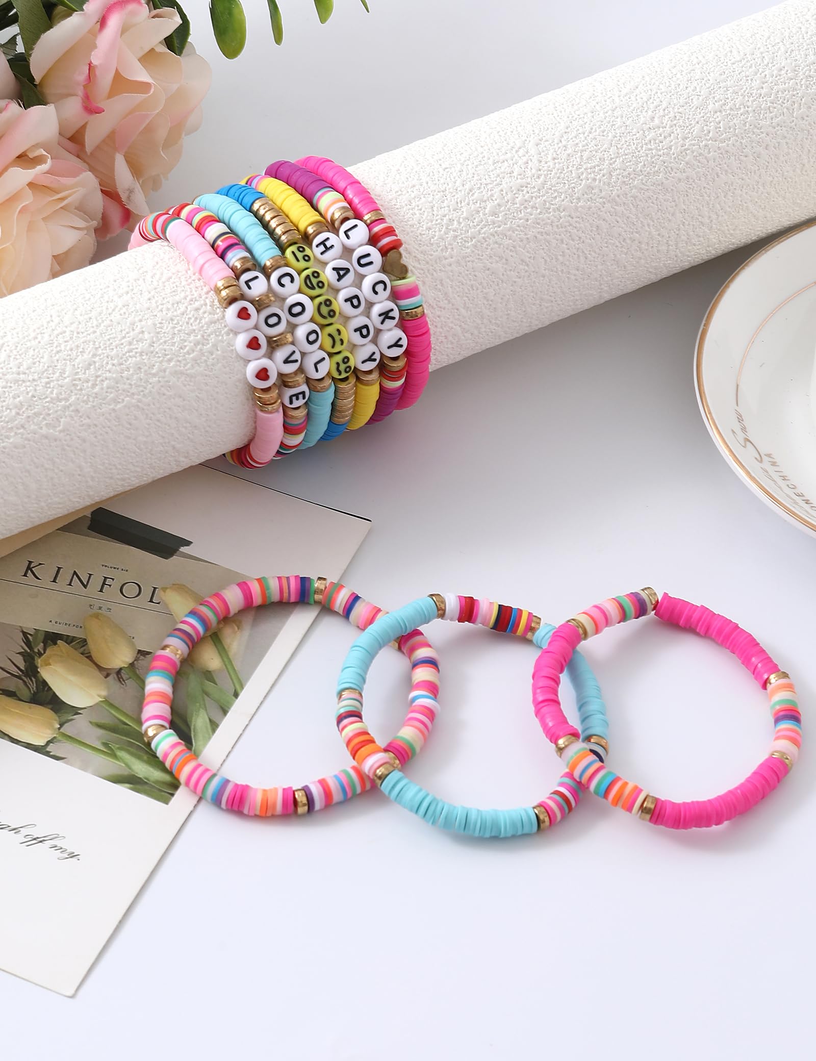 feixun Heishi Surfer Bracelets set - 6mm Polymer Clay Rainbow Bracelet Elastic Rope Bracelet, Boho Beaded Bracelet, Great for Beach, Vacation (12pc Heishi Surfer Bracelets B)