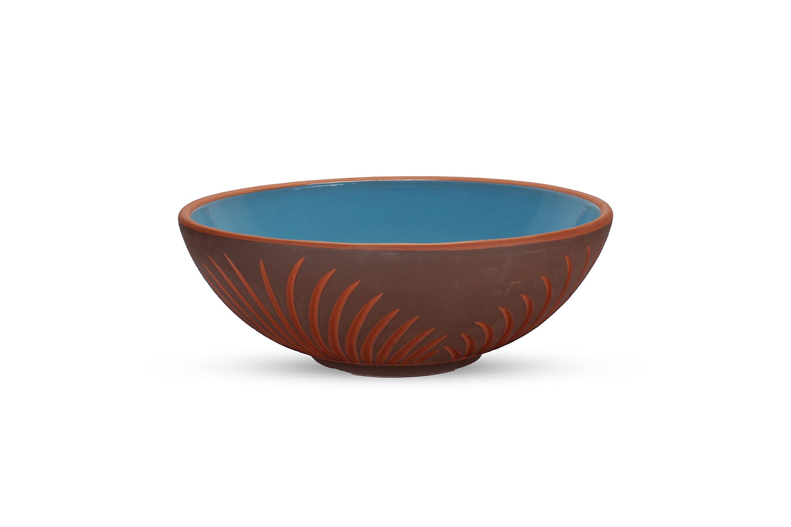 Handmade 10-inch Decorative Rustic Terracotta Bowl: Unique Gift! Ideal for Serving Fruit, Salad, Snacks, and Decorating. Leaf-Blue