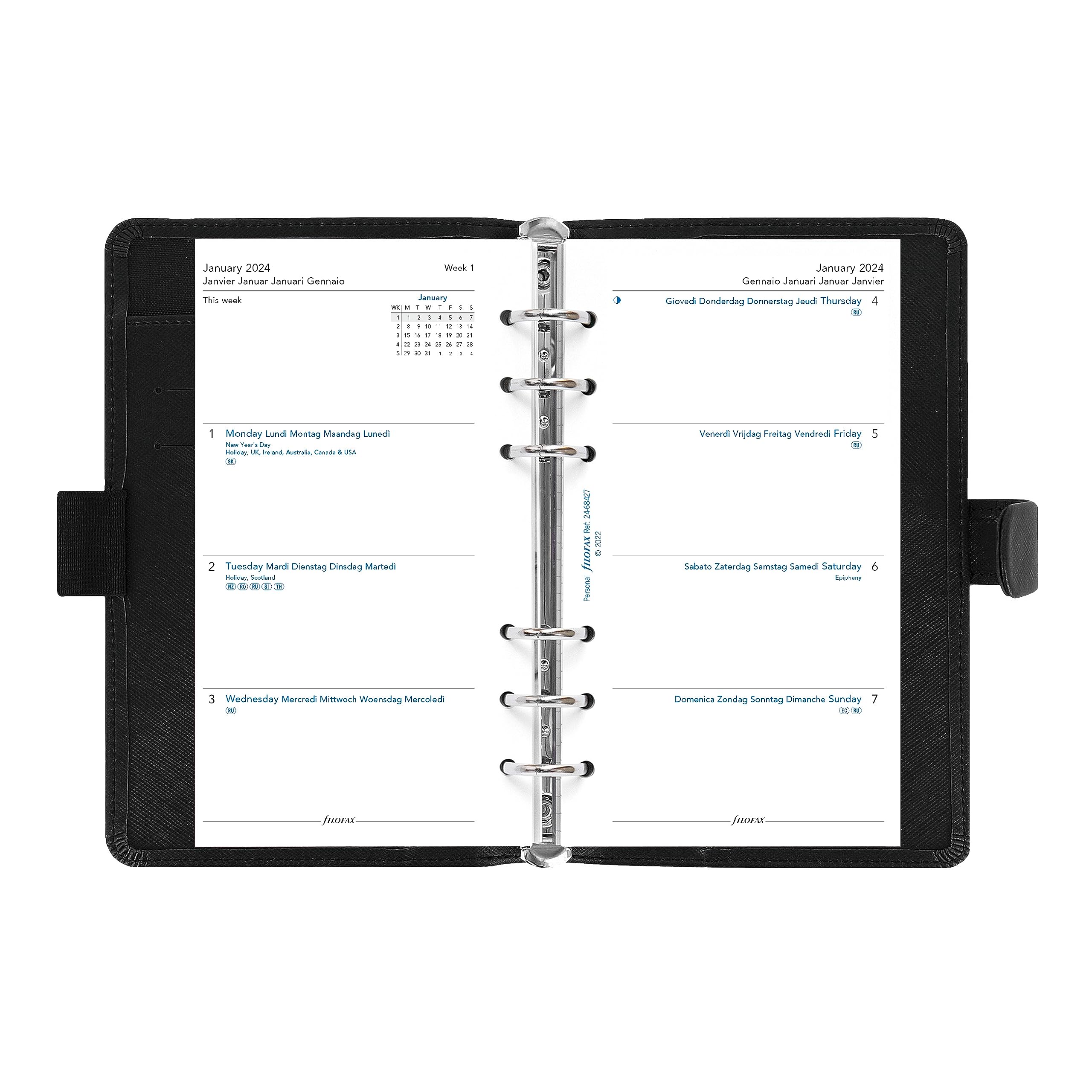 Filofax Saffiano Organizer, Personal Compact Size, Black - Cross-Grain, Leather-Look, Six Rings, Week-to-View Calendar Diary, Multilingual, 2024 (C022469-24)