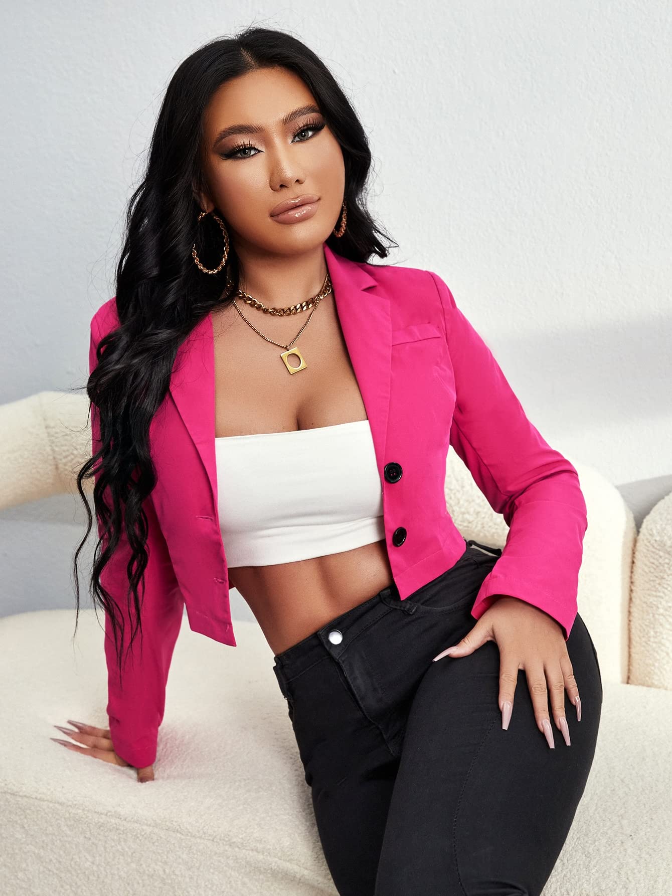Floerns Women's Lapel Collar Single Breast Long Sleeve Crop Top Blazer Jacket Hot Pink M