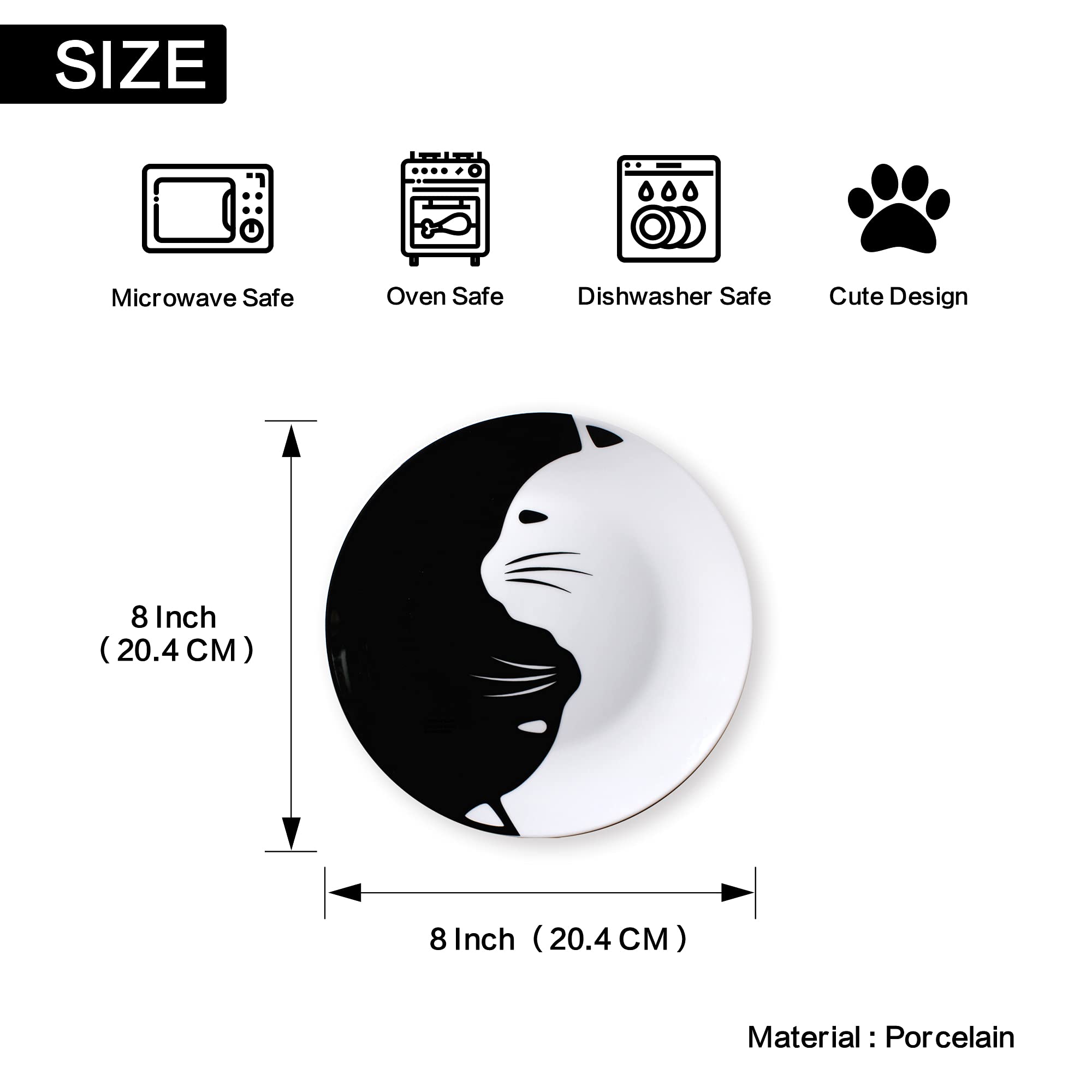 LEADEX Black and White Cat Porcelain Plate Set, Best Gift For Cat Lover (8-inch salad plate set)