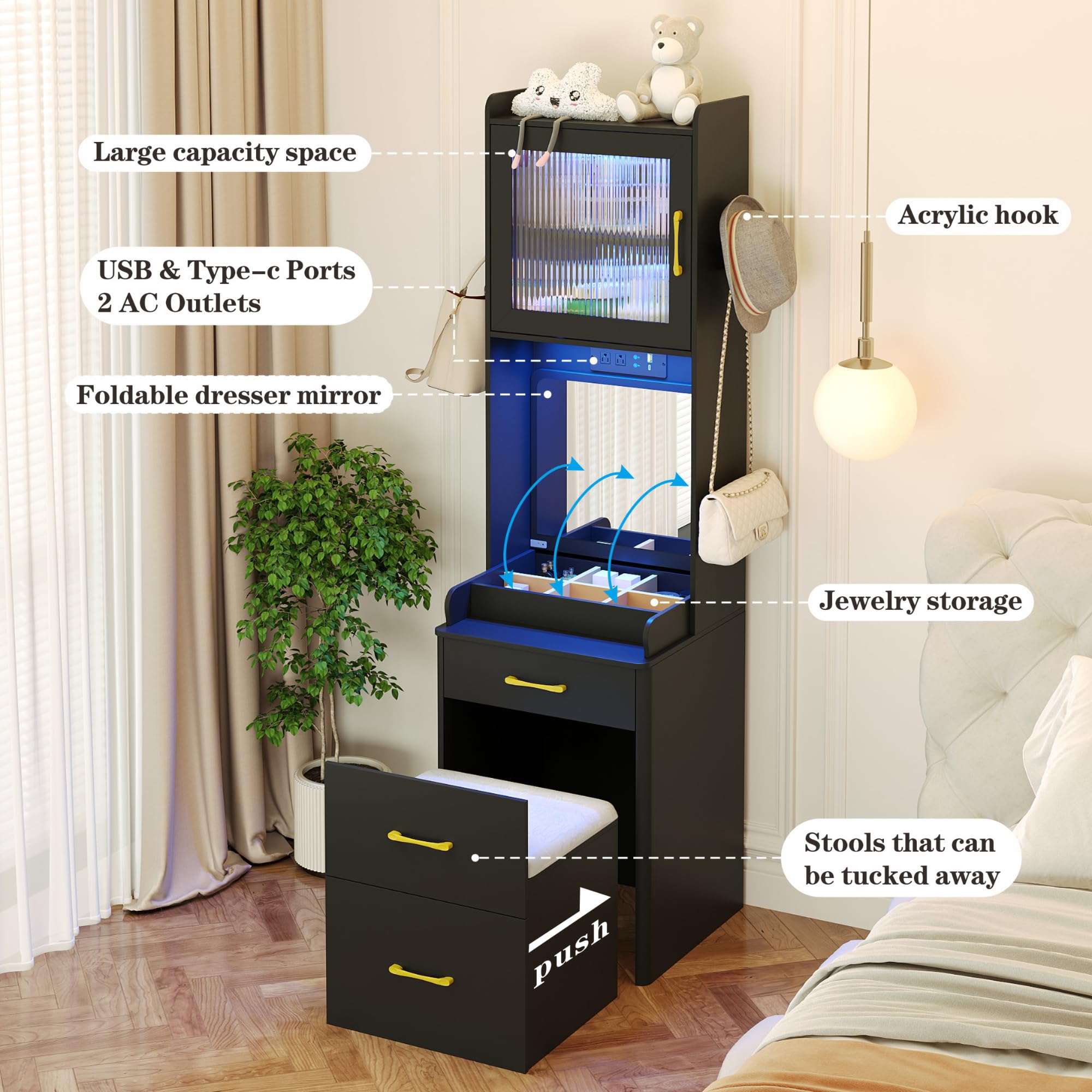 FREDEES Human Sensor LED Vanity Set with Charging Station, Makeup Vanity Desk with Plip-up Vanity Mirror, Large Capacity Dressing Table Suitable for Bedroom Bedside Table Nightstand(Black)
