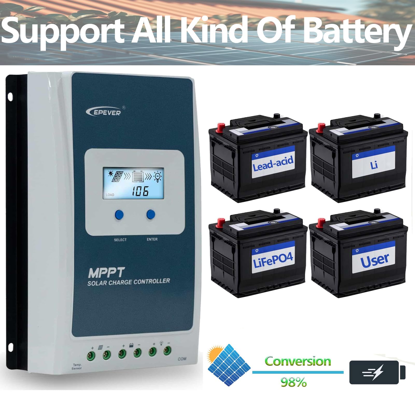 EPEVER 40A MPPT Solar Charge Controller with Tempreture Sensor MT50 Remote Meter 12V 24V Auto Indentify Apply for Lead Acid Lithium LiFePO4 (Tracer4210AN+MT50+Tempreture Sensor)