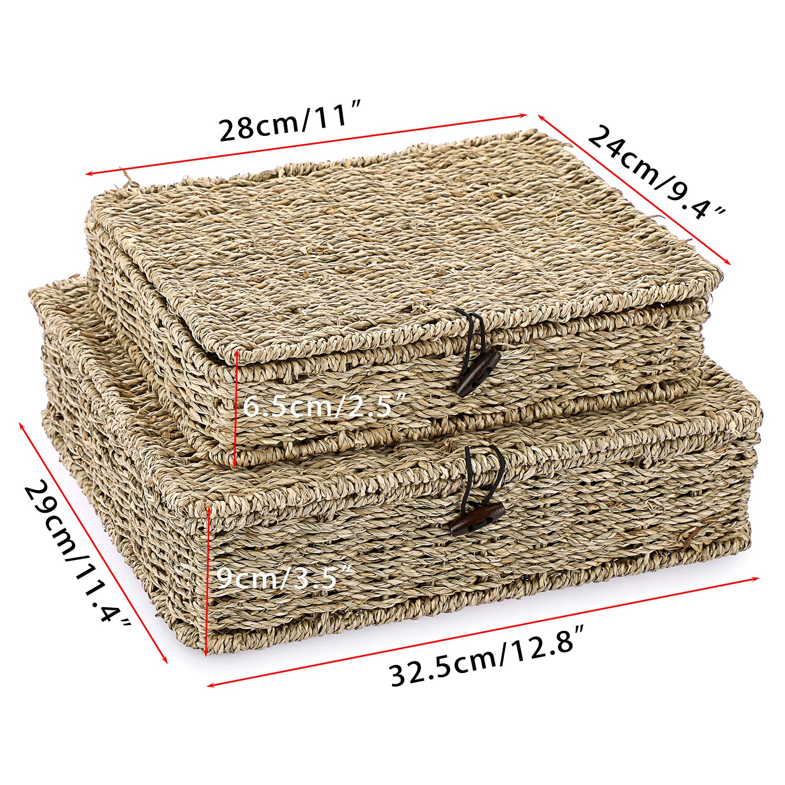 Hipiwe Set of 2 Flat Wicker Baskets Bins with Lid Handwoven Seagrass Storage Baskets Box Multipurpose Shelf Basket Bin Home Organizer Basket for Shelf Closet