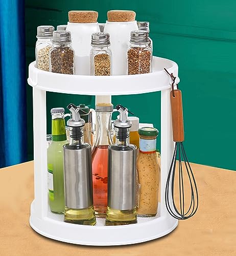 Fineget Large Rotating Lazy Susan Spice Rack Organizer 2 Tiers Countertop Shelf Turntable Spinning Storage Cabinet Plastic Shelves for Kitchen Bathroom White