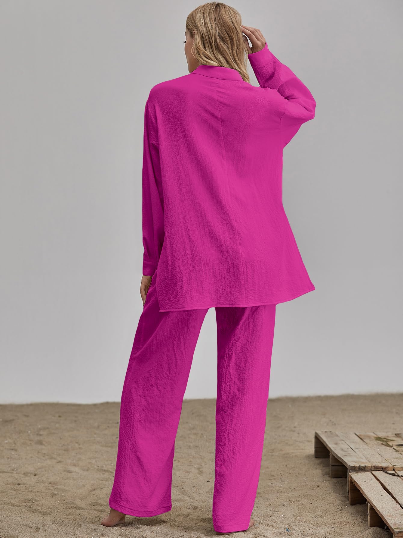 Floerns Women's 2 Piece Outfits Slit Hem Longline Blouse and Wide Leg Pants Set A Hot Pink S