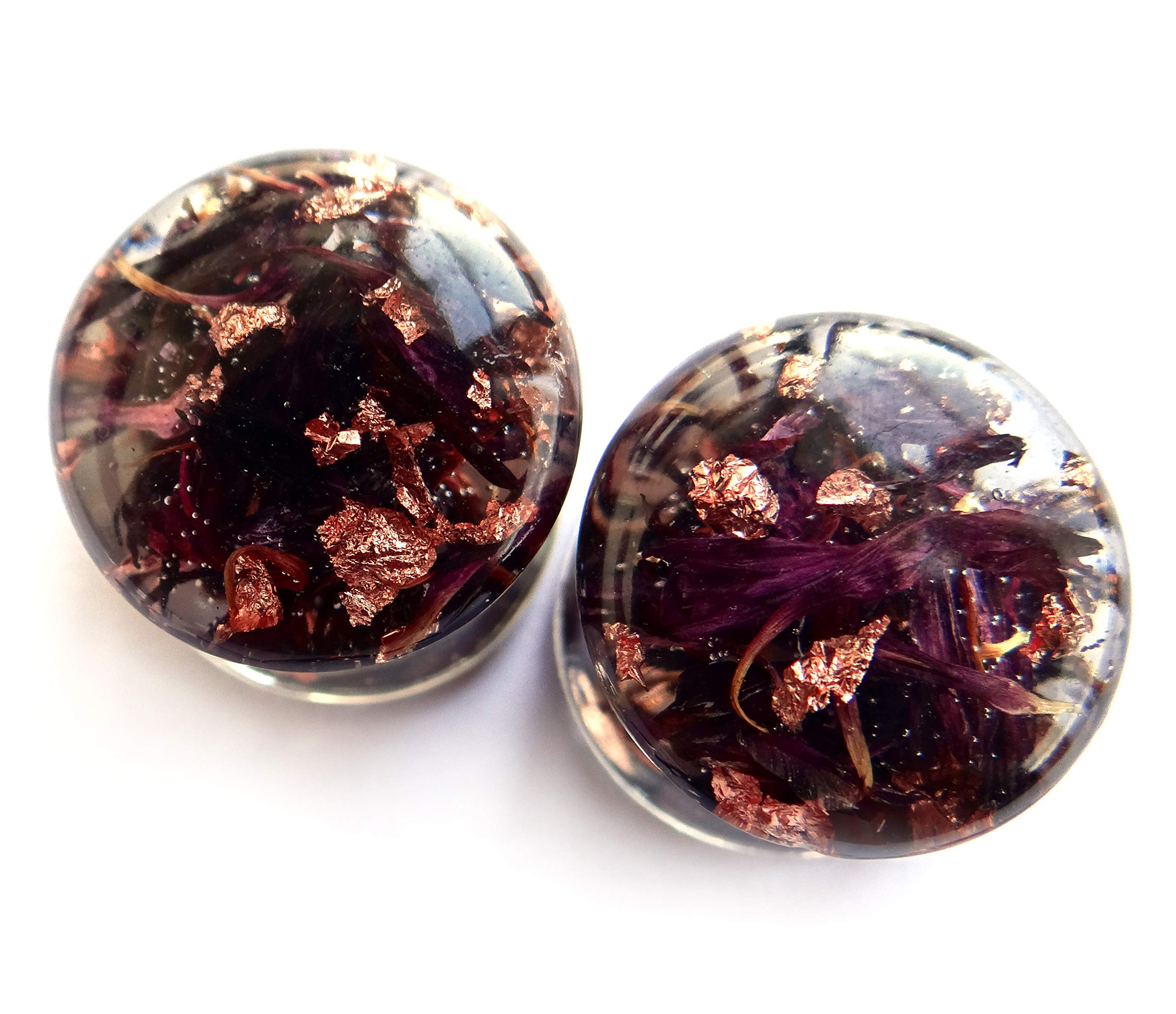 ETERNIADA Black Cornflower Ear gauges Flower Plugs Piercing Body Jewelry Tunnels Pressed Flower and Rose Gold foil Flakes Jewelry Birthday Gifts Resin Plug Earrings (22mm / 7/8" / Pair)