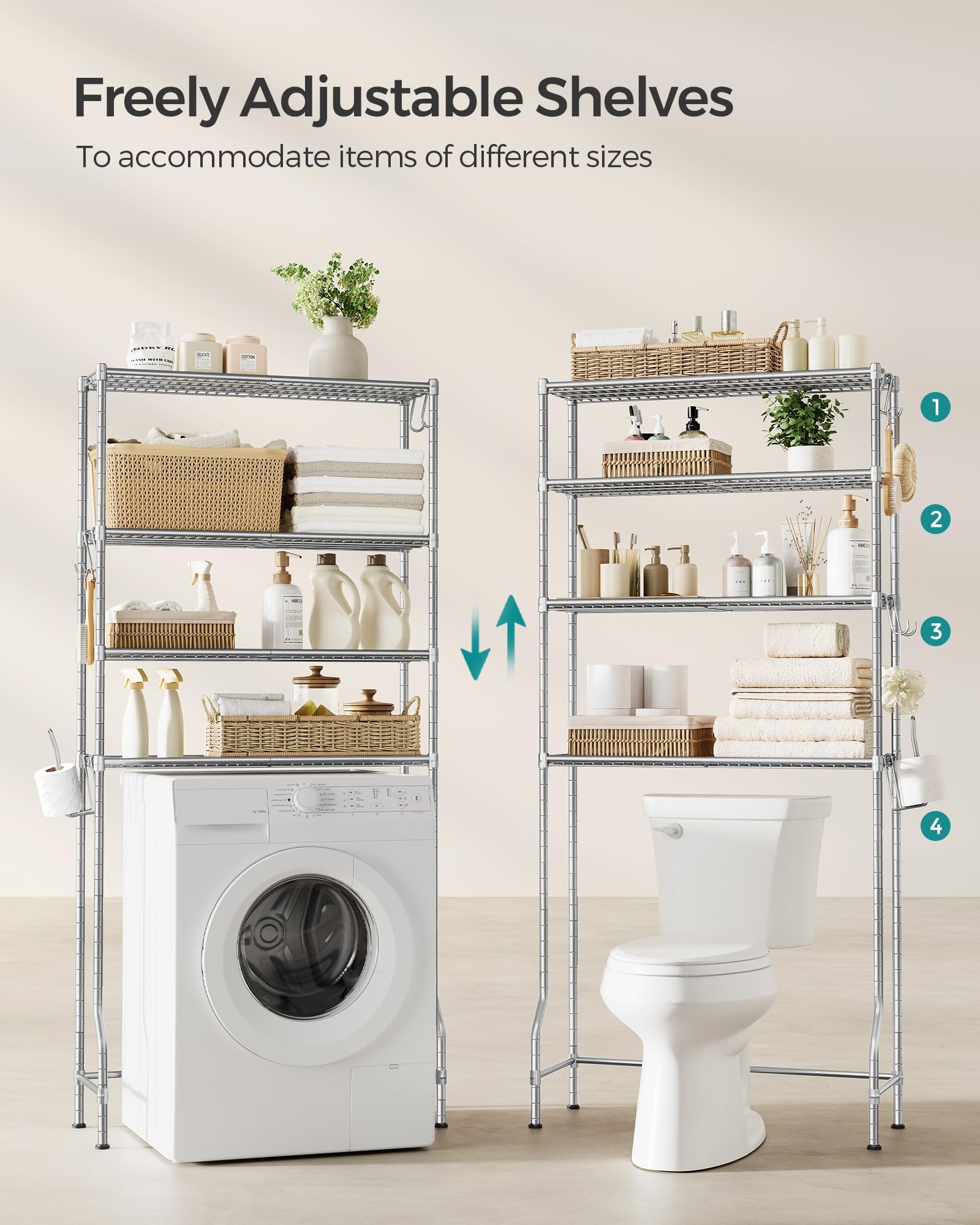 SONGMICS 4 Tier Over The Toilet Storage, Metal Storage Rack, Adjustable Shelves, 4 Hooks, Roll Holder, Space-Saving Bathroom Storage Shelf Organizer, 11.8 x 32.7 x 69.3 Inches, Silver Gray UBTS023G01