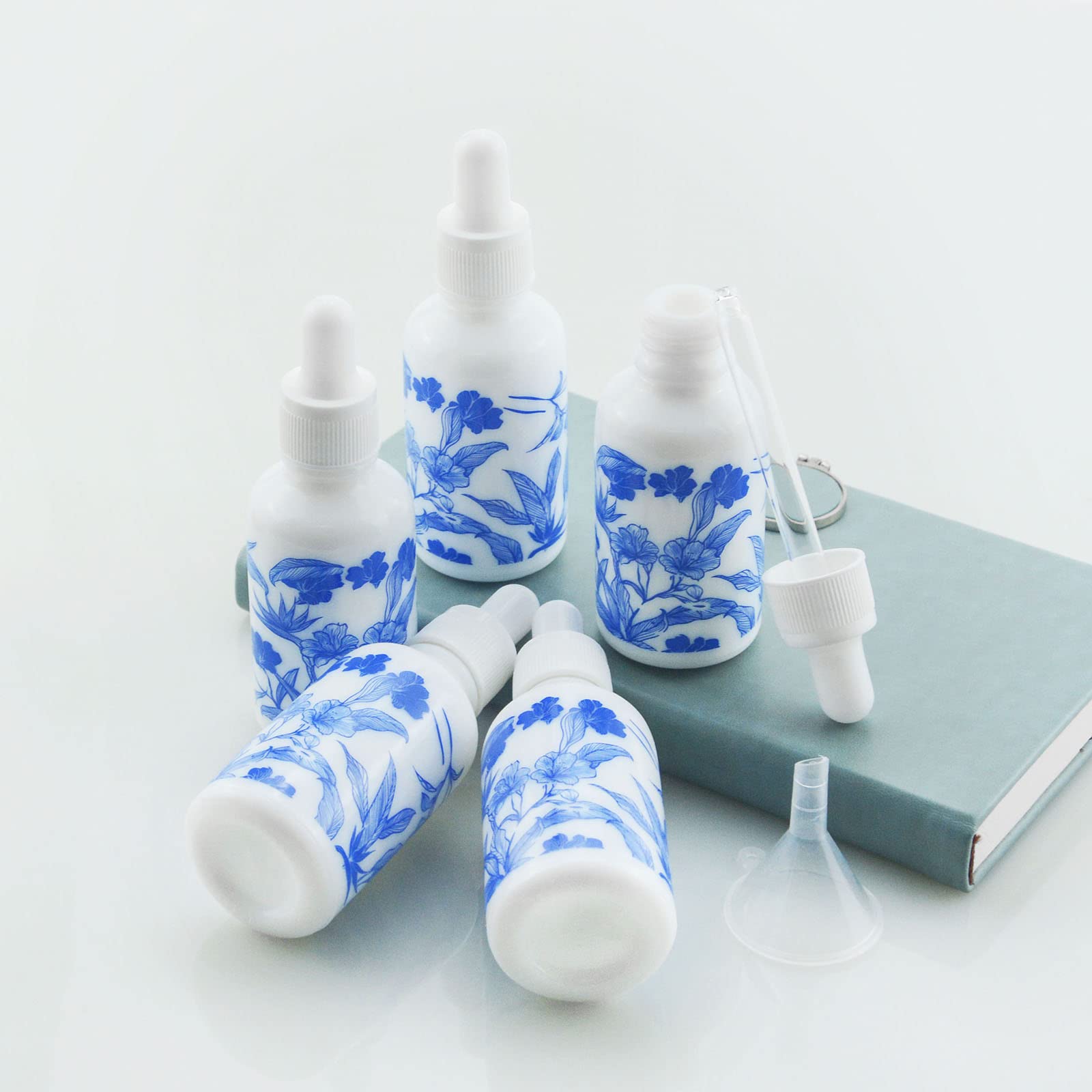 Wwolife 4 PCS 1 2/3oz (50ml) Blue and White Porcelain Ceramic Dropper Bottles Perfume Aromatherapy Cosmetic Container Essential Oils Sample Empty Dropper Bottles with Funnel Include