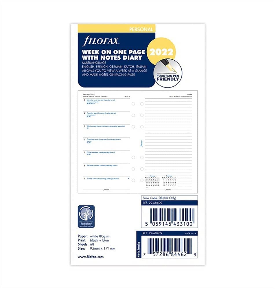 Filofax Refill, Personal/Compact Size, Week on One Page with Notes, White Paper, Multilingual: Five Languages, 2022 (C68409-22),22-68409