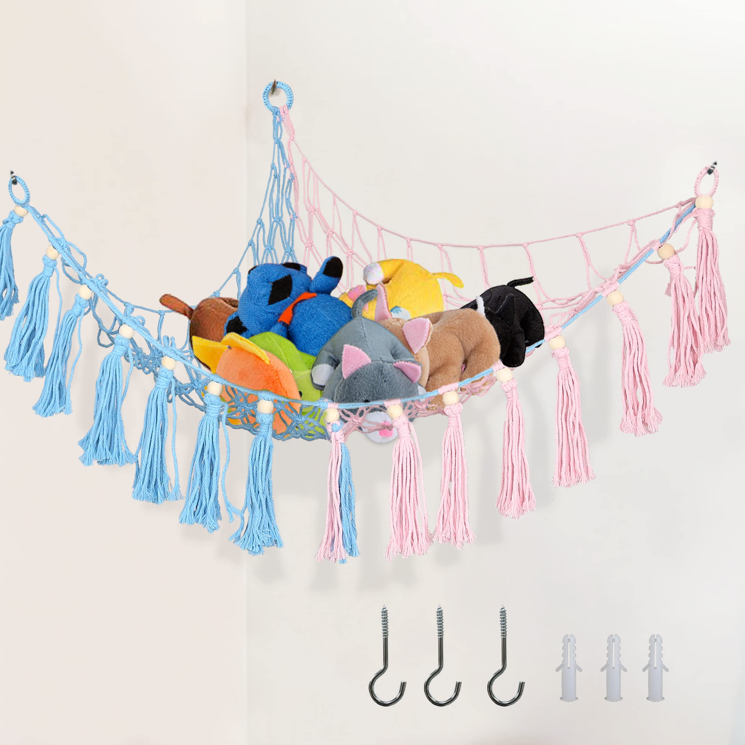 Yvqxvv Stuffed Animal Toy Hammock - Corner Hammock Organizer Display Holder Net Storage Rack Hanging Toys for Boho Kids Girls Bedroom Play Room Decor(Pink&Blue)