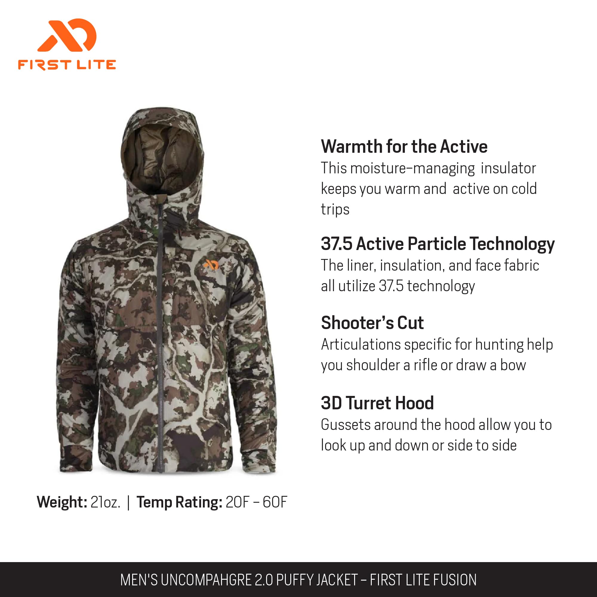 First Lite Men's Uncompahgre 2.0 Puffy Jacket - Lightweight Insulated Camo Hunting Coat - First Lite Fusion - X-Large