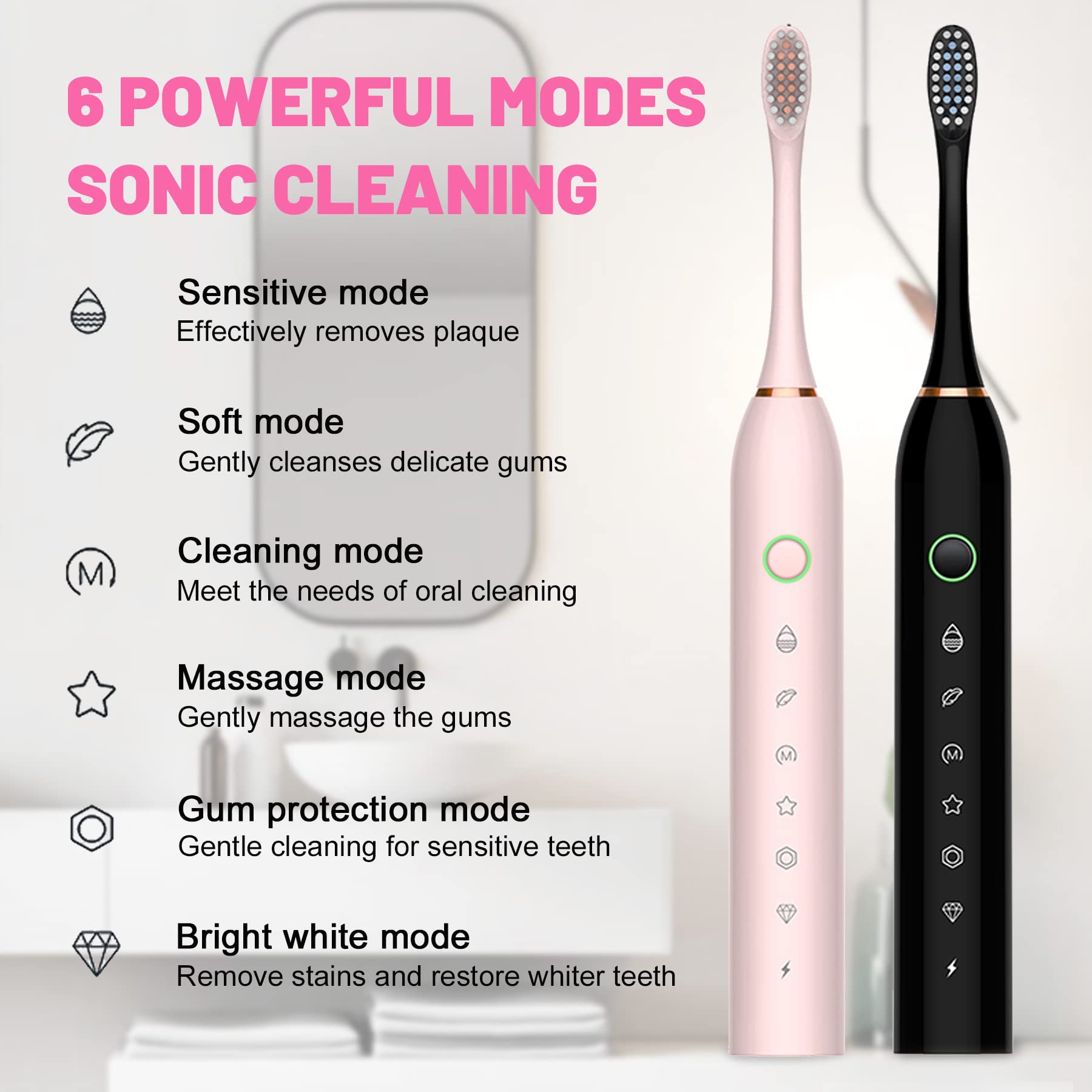 Lukern 2 Pack Clean Toothbrush for Adult Soft Toothbrushes Standard Size with 8 Brush Heads Travel Use (Black+Pink)