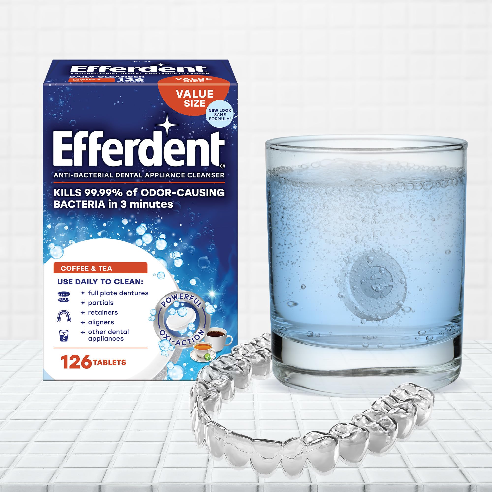 Efferdent Retainer & Denture Cleaner Tablets, Coffee & Tea, 126 Count