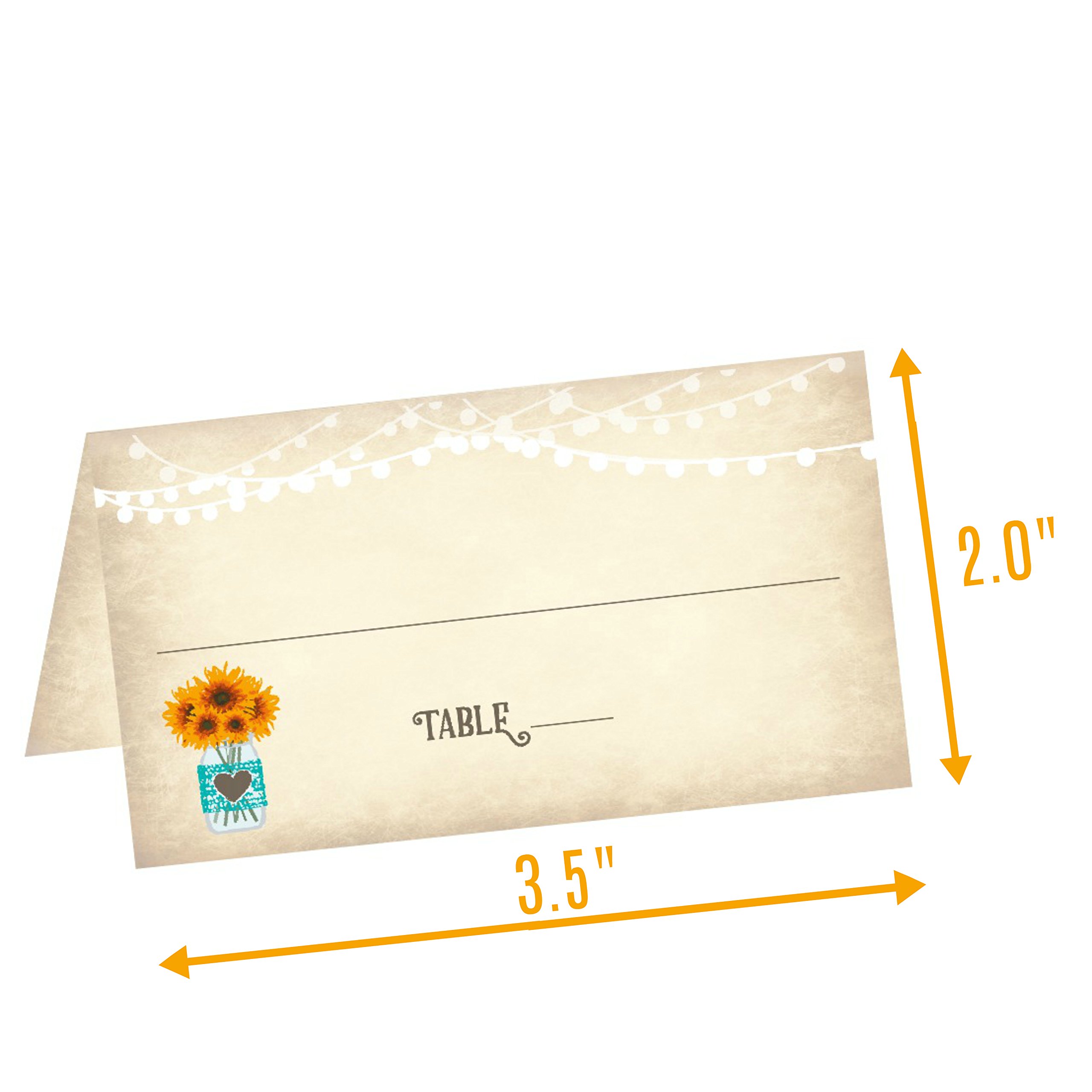 Vintage Sunflowers in Mason Jar Wedding Tented Table Place Cards (50 Count) - Fold Over Tent Style - Wedding Reception, Bridal Shower, Anniversary Party, Banquet Dinner Place Seating Cards