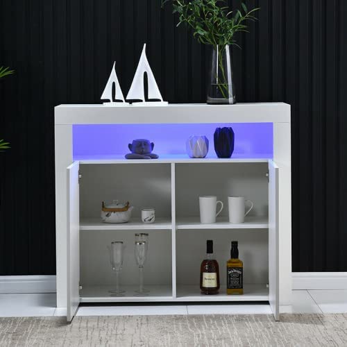 Modern High Gloss Sideboard 2 Door Storage Cabinet Open Cupboard Sleek Farmhouse Accent Side Cabinet Kitchen Buffet Cabinet with Multi-Color LED Lights and Interior Shelves Fashion Home Furniture