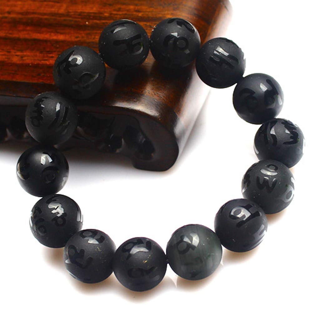 Feng Shui bracelet black obsidian 14mm Matte surface Hand Carved Mantra Bead Attract Good Luck Wealth and Prosperity Men Women Bangle