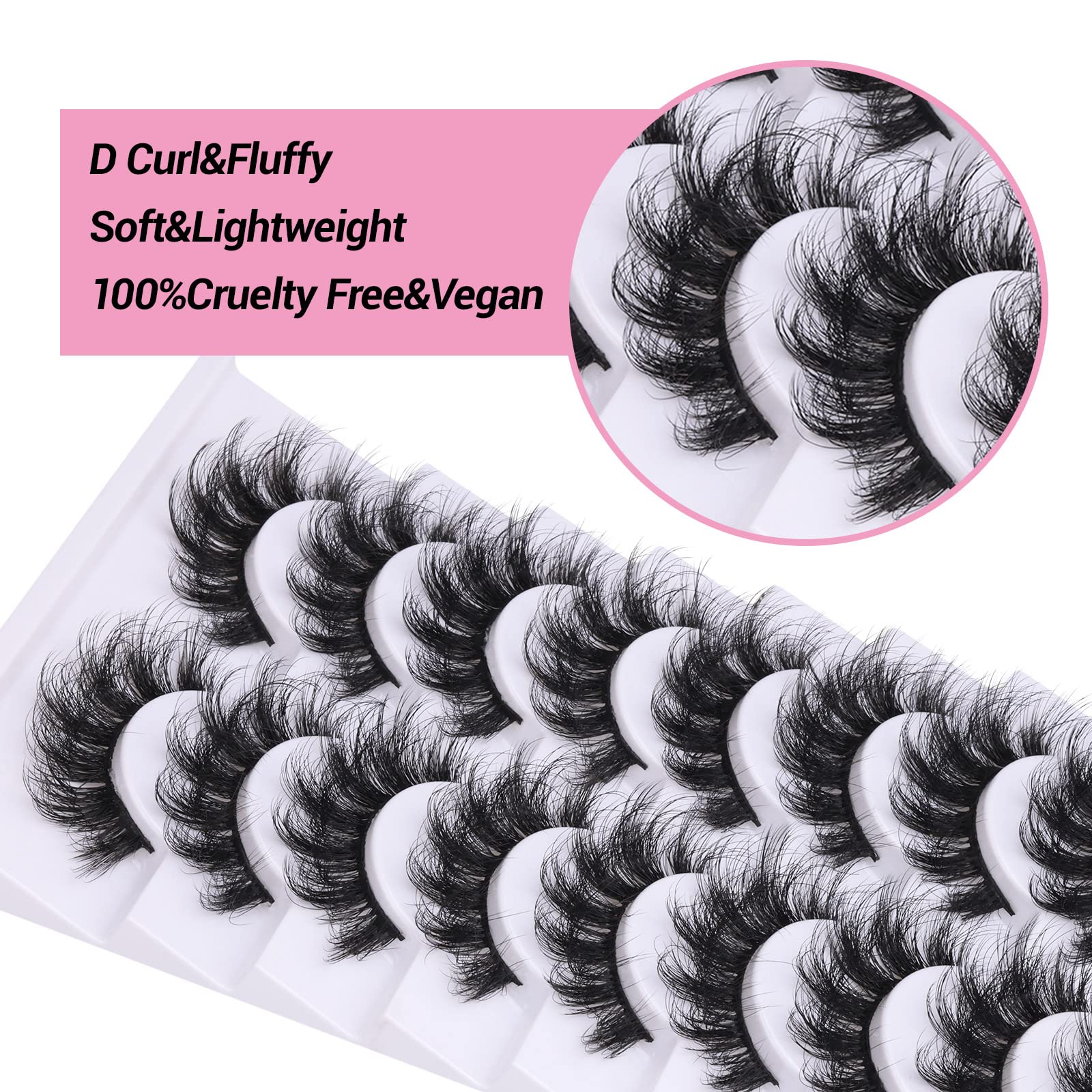 Mink Lashes Fluffy Eyelashes Natural 6D D Curl False Eyelashes Thick Full Eye Lashes Wispy Soft Handmade Reusable Lashes Pack