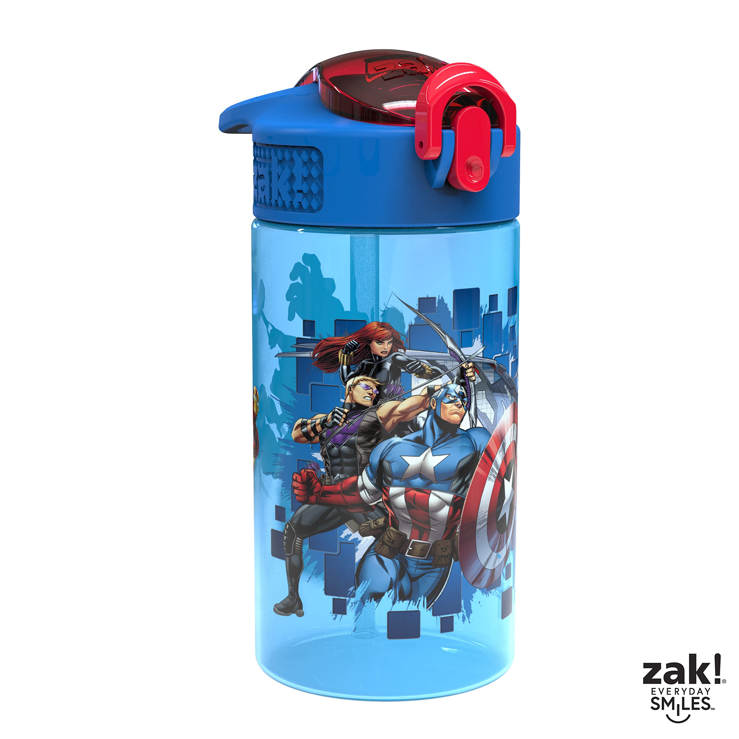 Zak Designs Kids Durable Plastic Spout Cover and Built-in Carrying Loop, Leak-Proof Water Design for Travel, (16oz, 2pc Set), Marvel Avengers