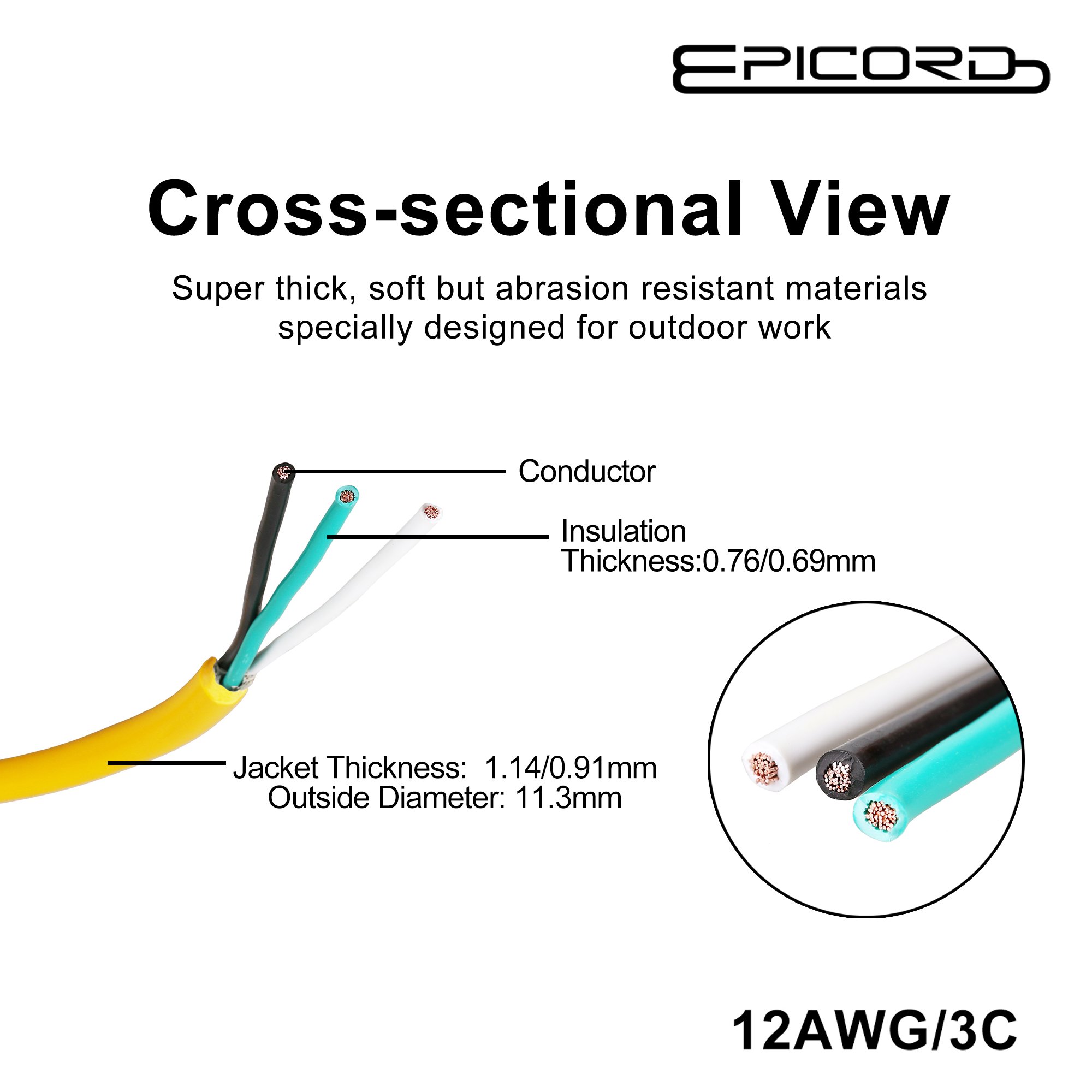 EPICORD 8 Ft Outdoor Extension Cord with 3 Electrical Power Outlets, 16/3 SJTW White 16 Gauge Extension Cable with 3 Prong Grounded Plug for Safety, ETL