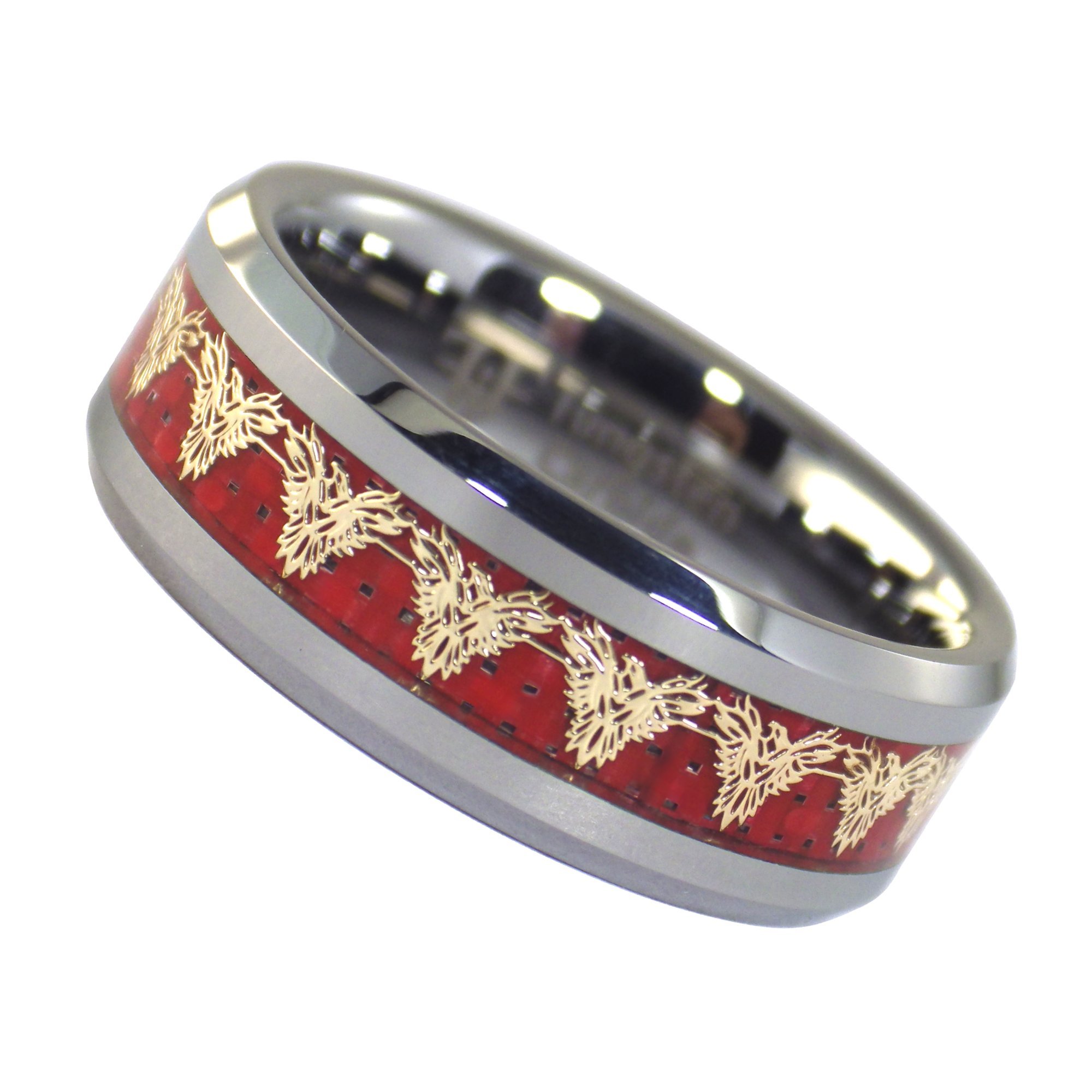 Fantasy Forge Jewelry Tungsten Gold Phoenix Ring Mens Womens Red Carbon Fiber Wedding Band 8mm Size 9.5