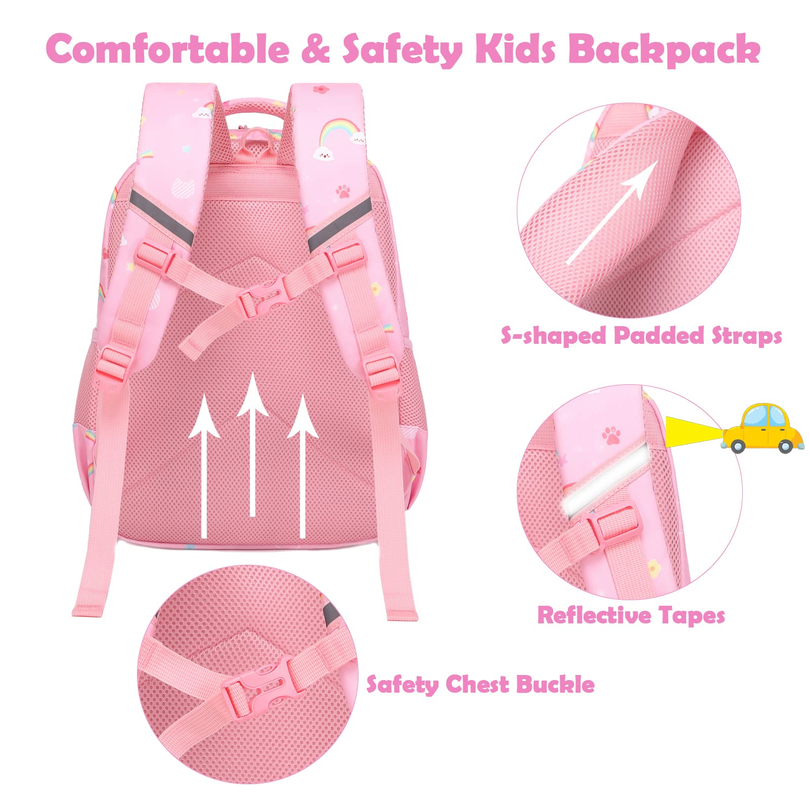 Girls Backpack with Lunch Bag Set, 3PCS Pink Unicorn Cat School Backpack with Pencil Case Large Capacity School Bookbags with Chest Strap for Preschool Kindergarten Elementary Girls