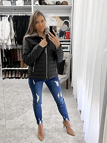 Vetinee Women Casual Faux Fur Lapel Zip Pockets Quilted Parka Jacket Puffer Coat Black XX-Large (Fits US 18-US 20)