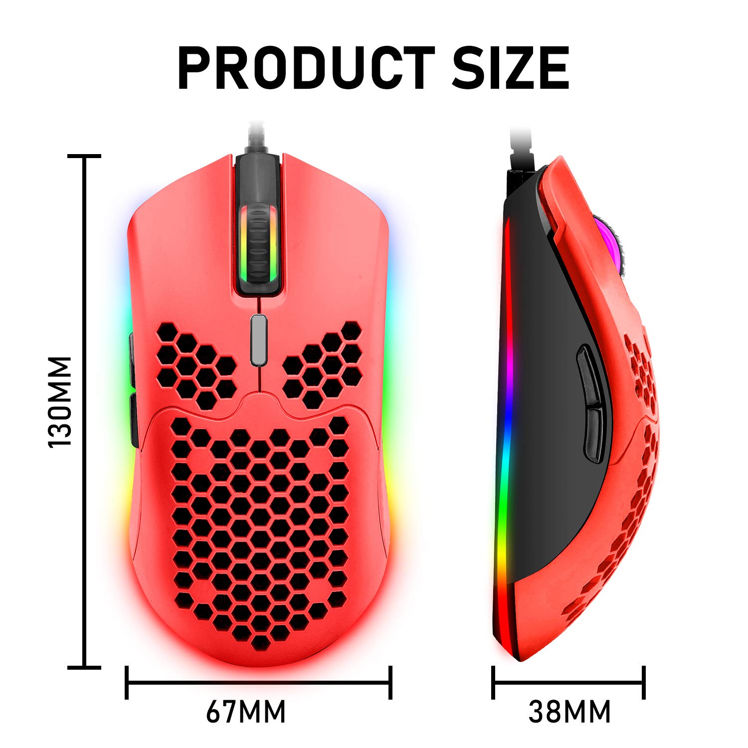 FELICON Wired Lightweight Gaming Mouse, 6400DPI Backlit Mice with 7 Buttons Programmable Driver,Ultralight Honeycomb Shell Ultraweave Cable Mouse Compatible with PC Gamers and Xbox and PS4 Users(Red)