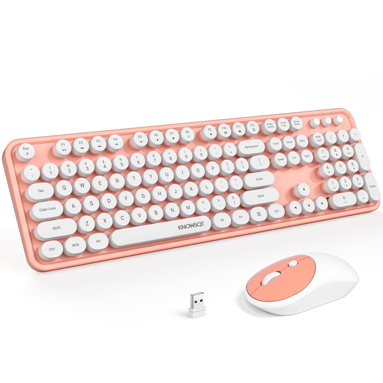 KNOWSQT Wireless Keyboard and Mouse Combo - Orange-White Full-Sized 2.4 GHz 104 Keys Typewriter Keyboard, Flexible Round Keycap and Optical Mouse for Windows, Computer, PC, Laptop, Desktop, Mac