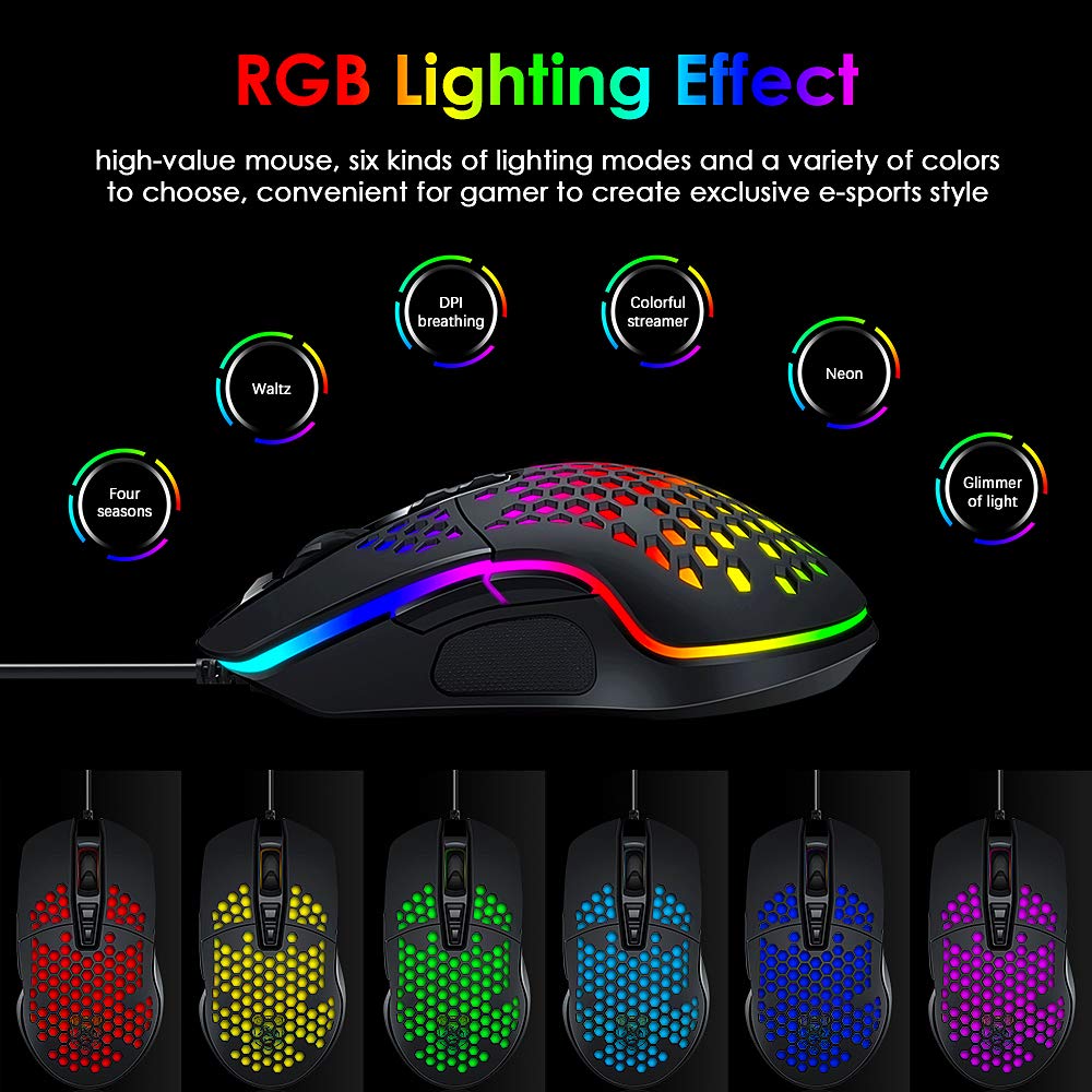 FELICON Wired RGB Gaming Mouse with Rainbow Backlight Lightweight Honeycomb Shell Adjustable 6400 DPI Programming Driver Optical Sensor 78G Mice for PC X-Box PS4 Gamer (Black)