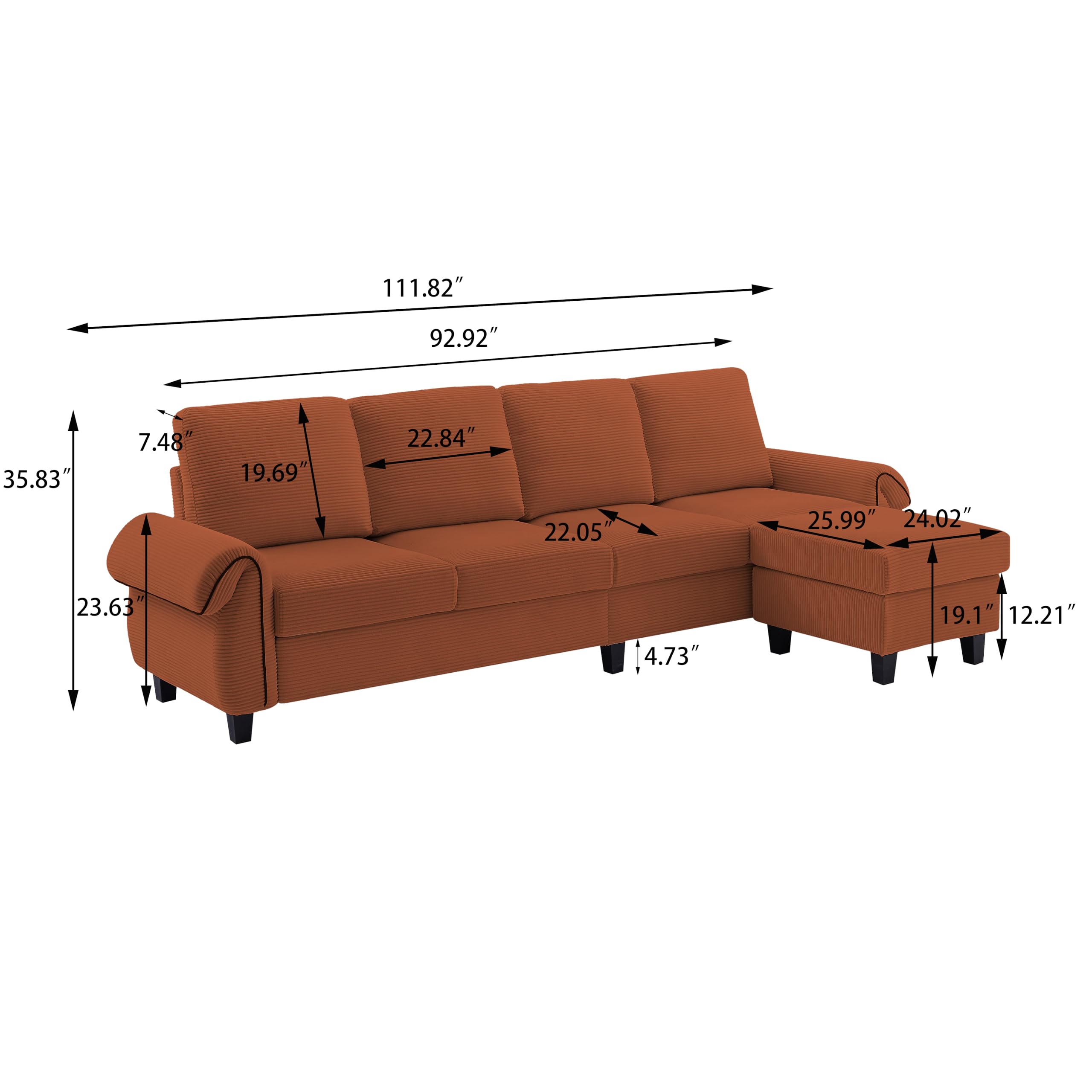Soscana 112" Convertible Sectional Sofa Couch, 4 Seater L Shaped with Ottoman Reversible Chaise, Modern Microfiber Couches for Living Room, Orange