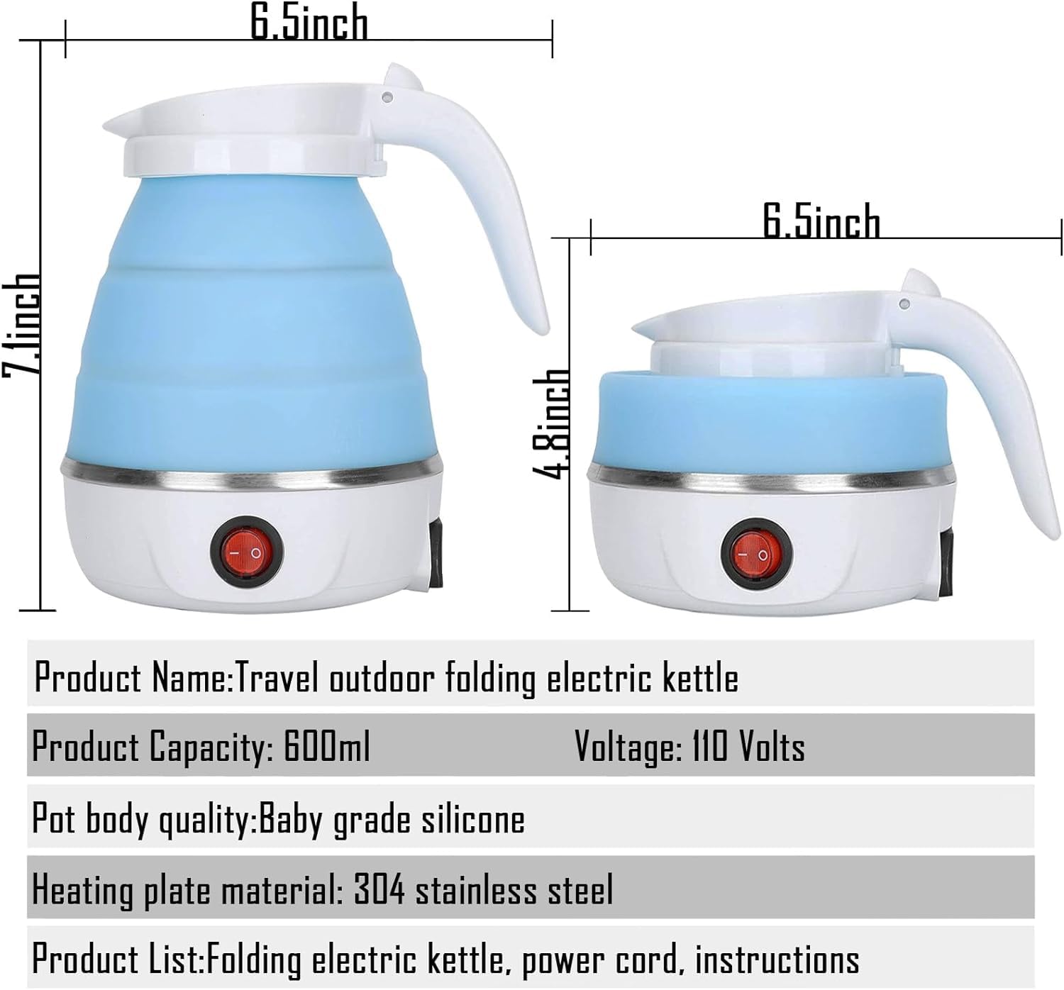 Foldable Electric Travel Kettle - Portable and Convenient Silicone Collapsible Water Boiler and Tea Pot for Camping - Easy Storage with Detachable Power Cord (Blue)
