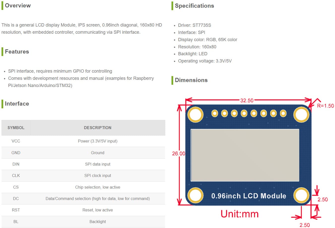 waveshare 0.96inch LCD Display Module IPS Screen 160x80 HD Resolution with Embedded Controller Communicating via SPI Interface Compatible with Raspberry Pi/Jetson Nano/STM32