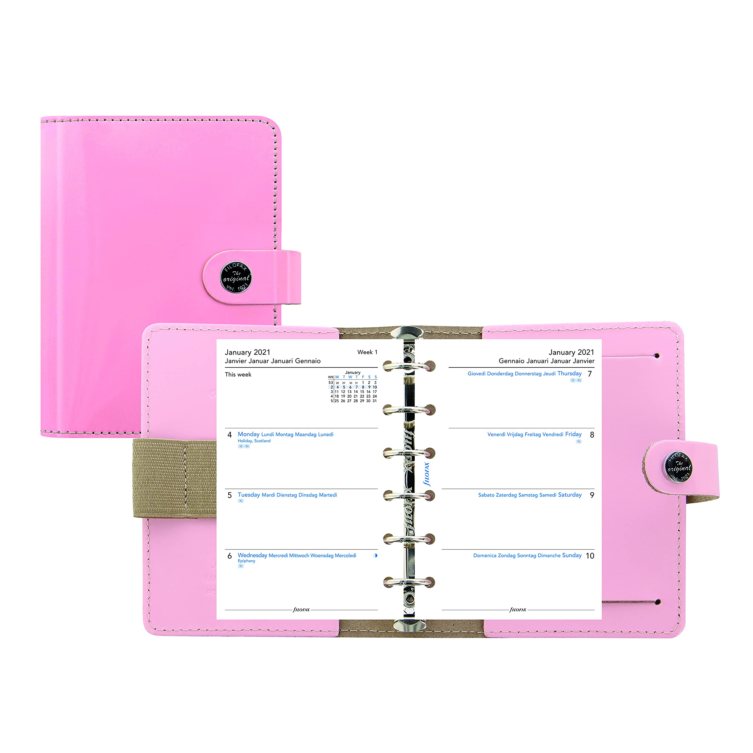 Filofax The Original Organizer, Pocket Size, Patent Rose - Leather, Six Rings, Week-to-View Calendar Diary, Multilingual, 2022 (C026081-22)