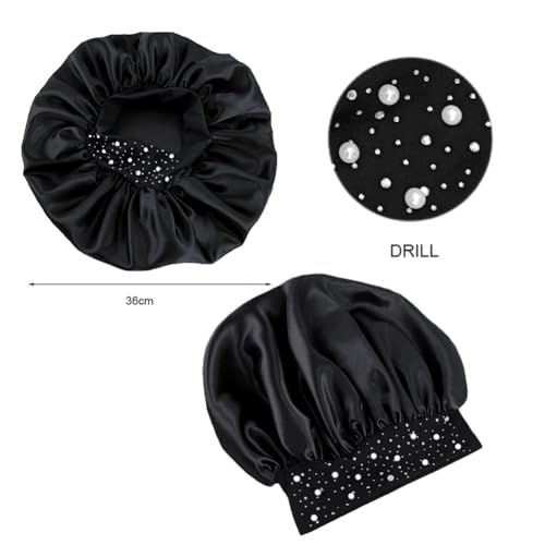 YeeMan Hair Bonnet Glittering Pearls and Rhinestones Satin Bonnet Wide Band Sleeping Cap (Black)