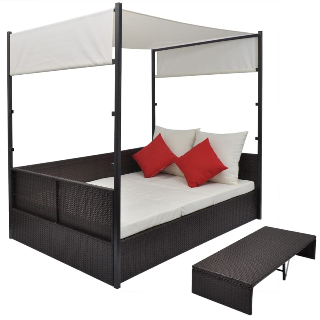 vidaXL Patio Bed, Outdoor Double Chaise Lounge with Canopy, Patio Furniture for Outdoor Courtyard Poolside Balcony, Brown Poly Rattan