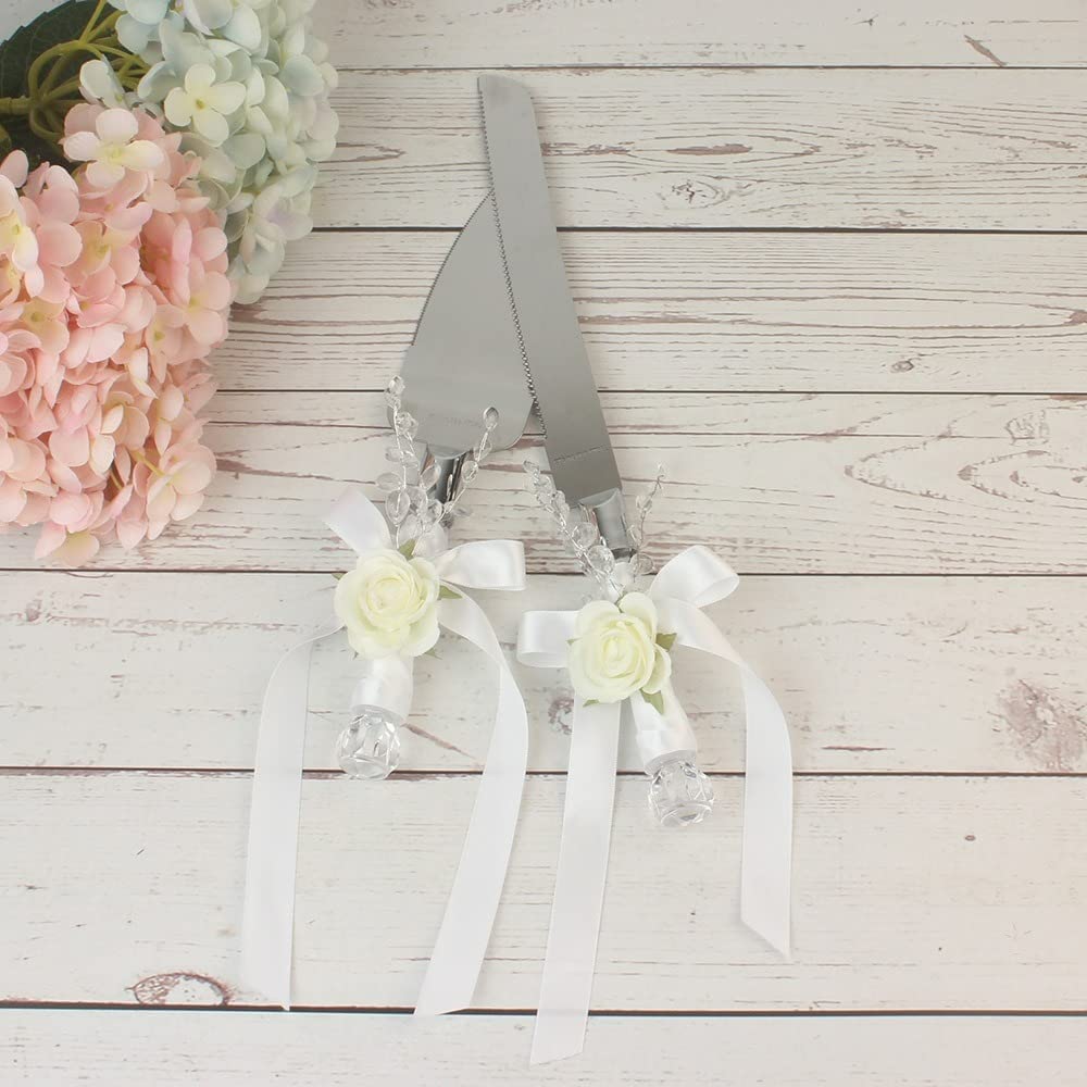 Handmade White Rose Wedding Cake Knife Shovel Server 2 Piece Set of Wedding Site Props