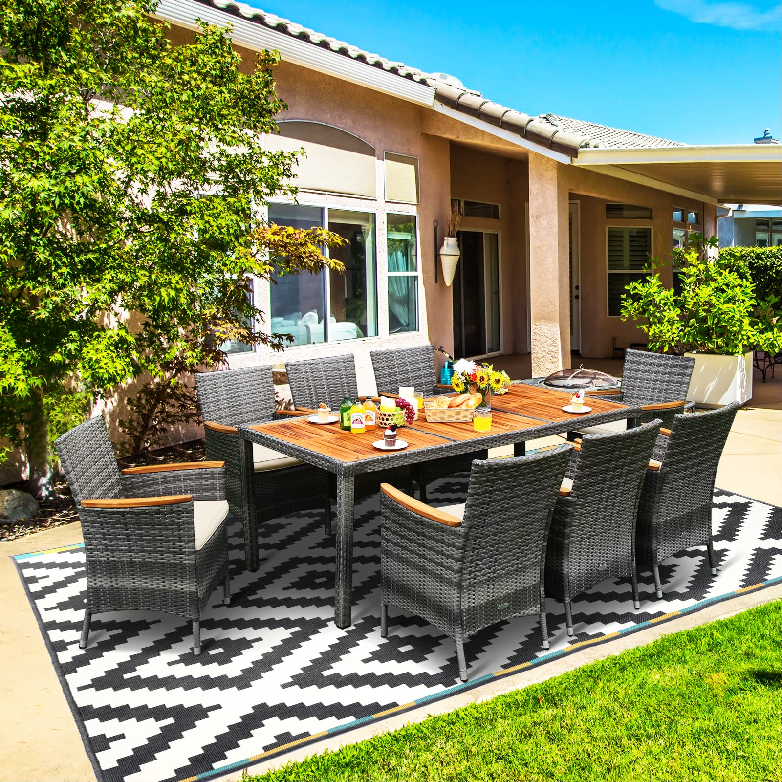 Toolsempire Patio Dining Set Outdoor Dining Set, 9 Pieces Wicker Patio Furniture Set with Acacia Wood Table and Chairs, Garden Dining Table Set for Backyard, Desk, Poolside, Christmas(Grey)