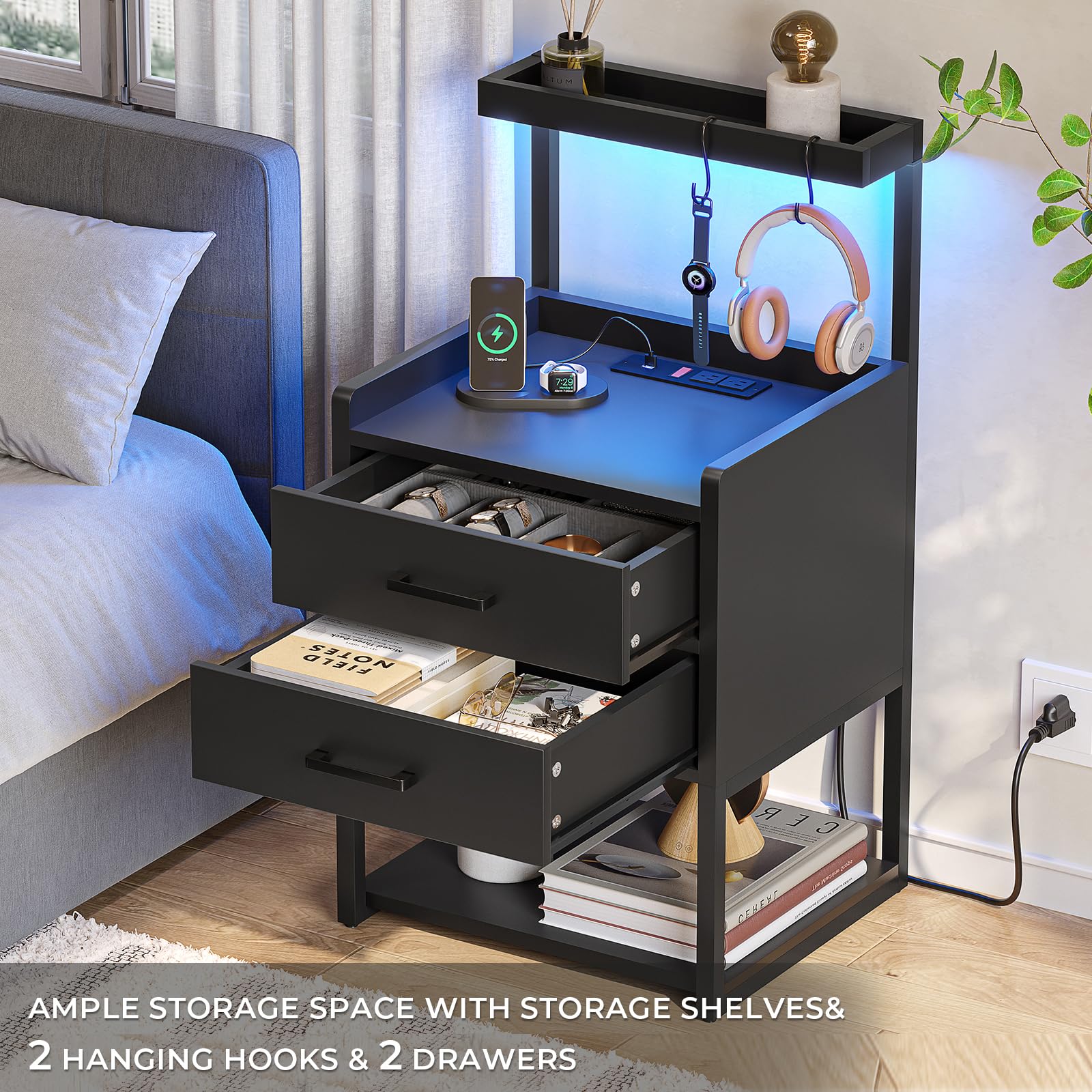 MSmask Black Night Stand with Charging Station, LED Night Stand with 2 Drawers and Open Storage Shelves, Modern Bedside Table with USB Ports&Outlets, End Side Table for Bedroom, Dorm