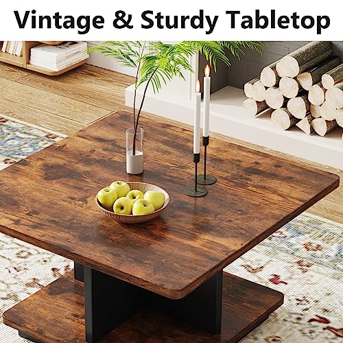 Tribesigns Wood Square Coffee Table: 31.5 Inches 2 Tiers Farmhouse Coffee Table, Wooden Rustic Coffee Table with Storage, Mid Centry Modern Home Furniture for Living Room, Brown